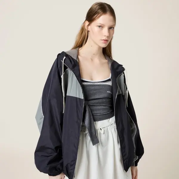 MIU MIU テクニカルシルク ジップフルソンジャケット Miu Miu Technical Silk Blouson Jacket - Blue/Lead Gray | Editorialist
